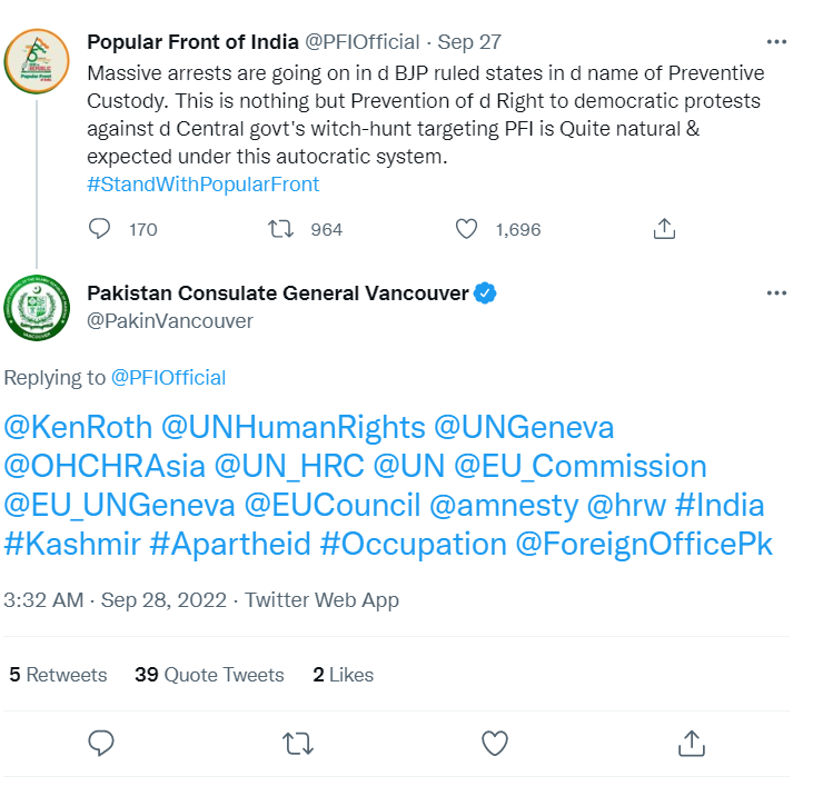 Pakistan Consulate in Vancouver tweets to garner support for PFI - Goa ...